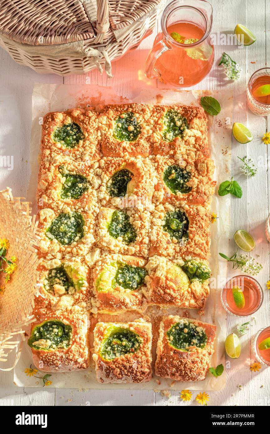 Sweet gooseberry yeast cake as summer dessert. Yeast cake with ...