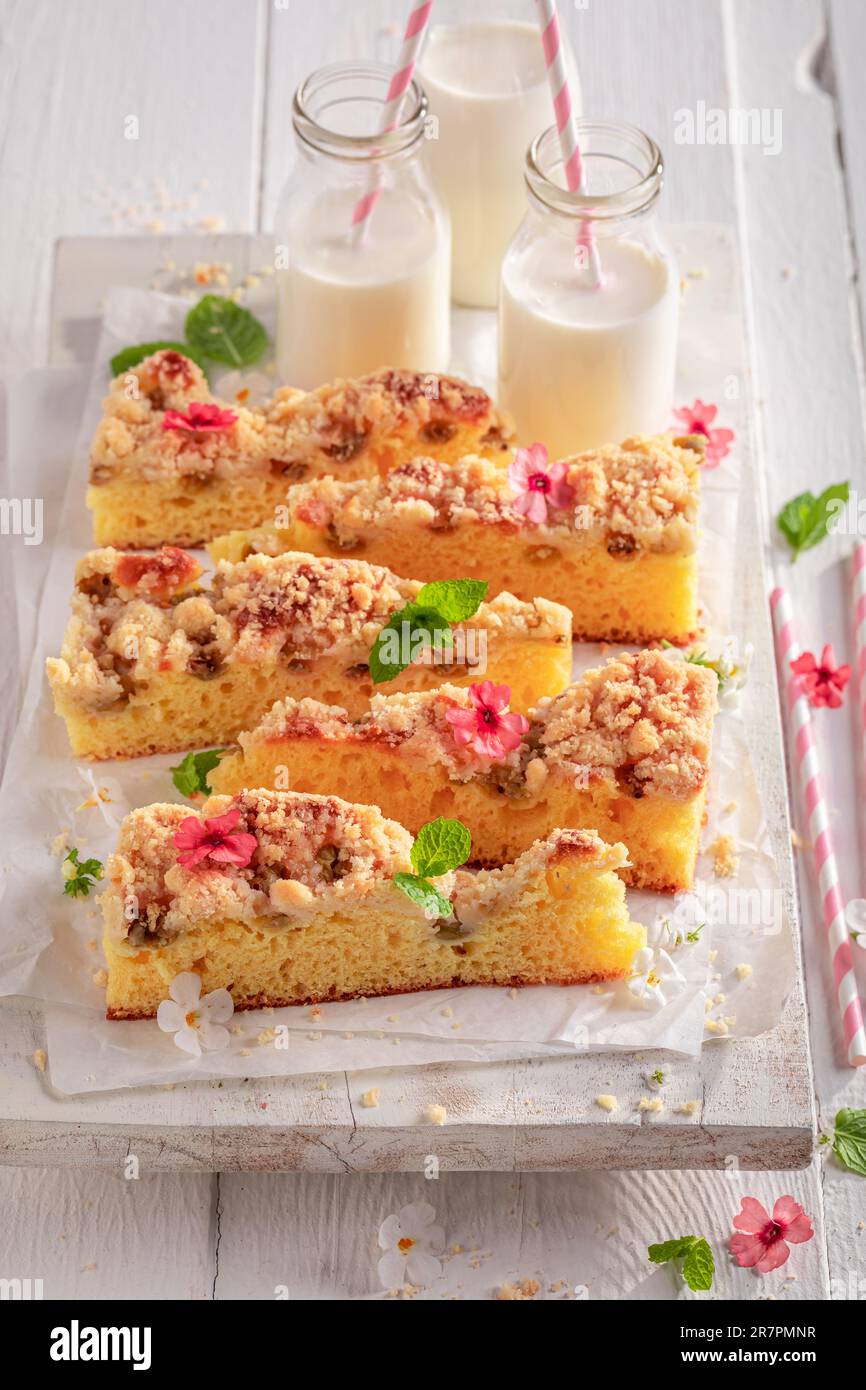 Sweet gooseberry butter cake as summer dessert. Yeast cake with ...