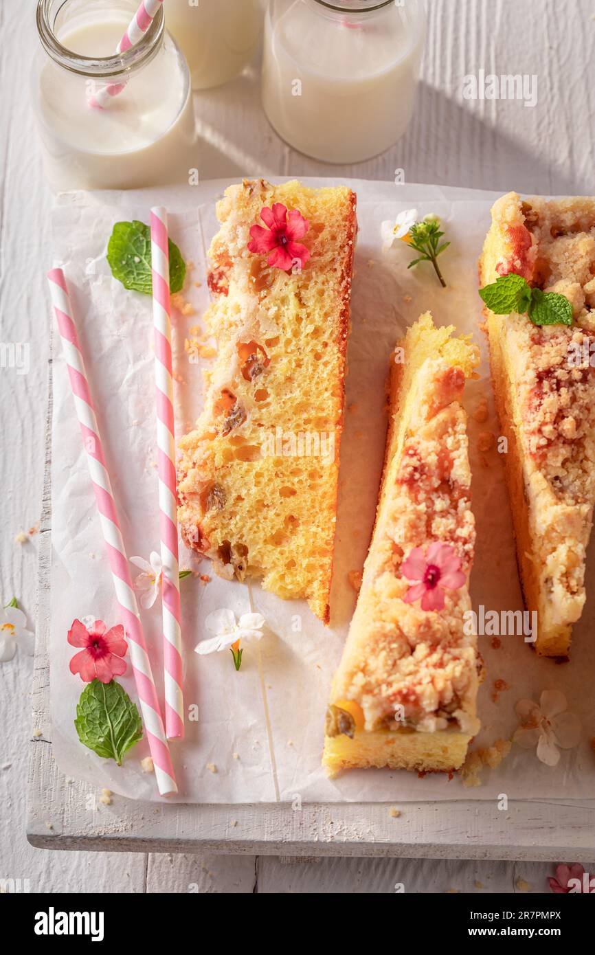 Sweet gooseberry butter cake made of sugar and fruits. Yeast cake with ...
