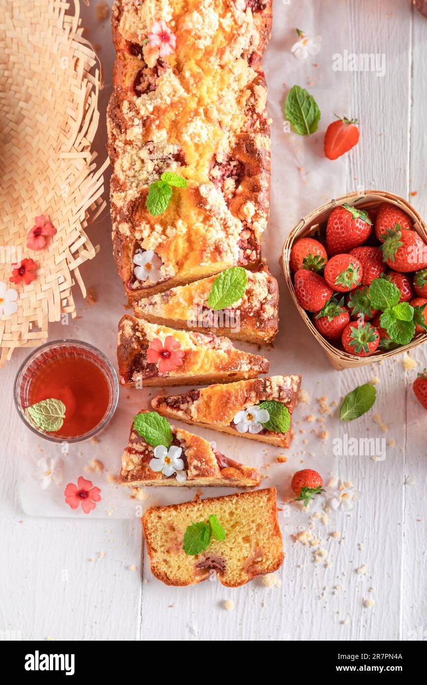 Homemade strawberry yeast cake made of fruits and crumble. Yeast cake ...