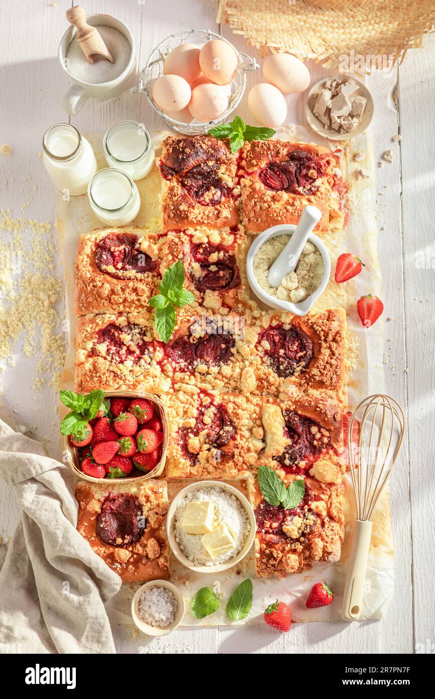 Sweet strawberry yeast cake with crumble and fruits. Yeast cake with ...