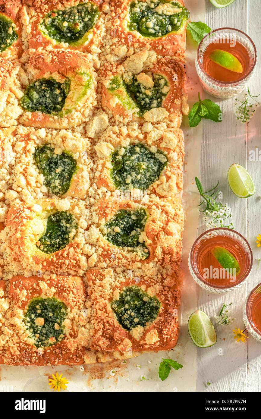 Delicious gooseberry yeast cake as summer dessert. Yeast cake with ...