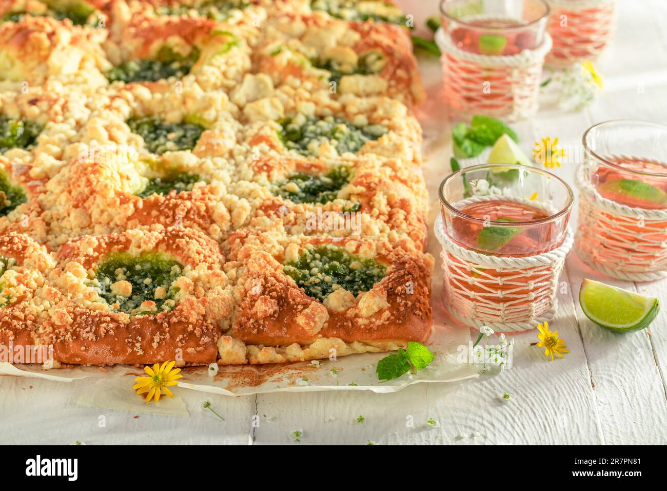 Homemade gooseberry yeast cake as summer dessert. Yeast cake with ...