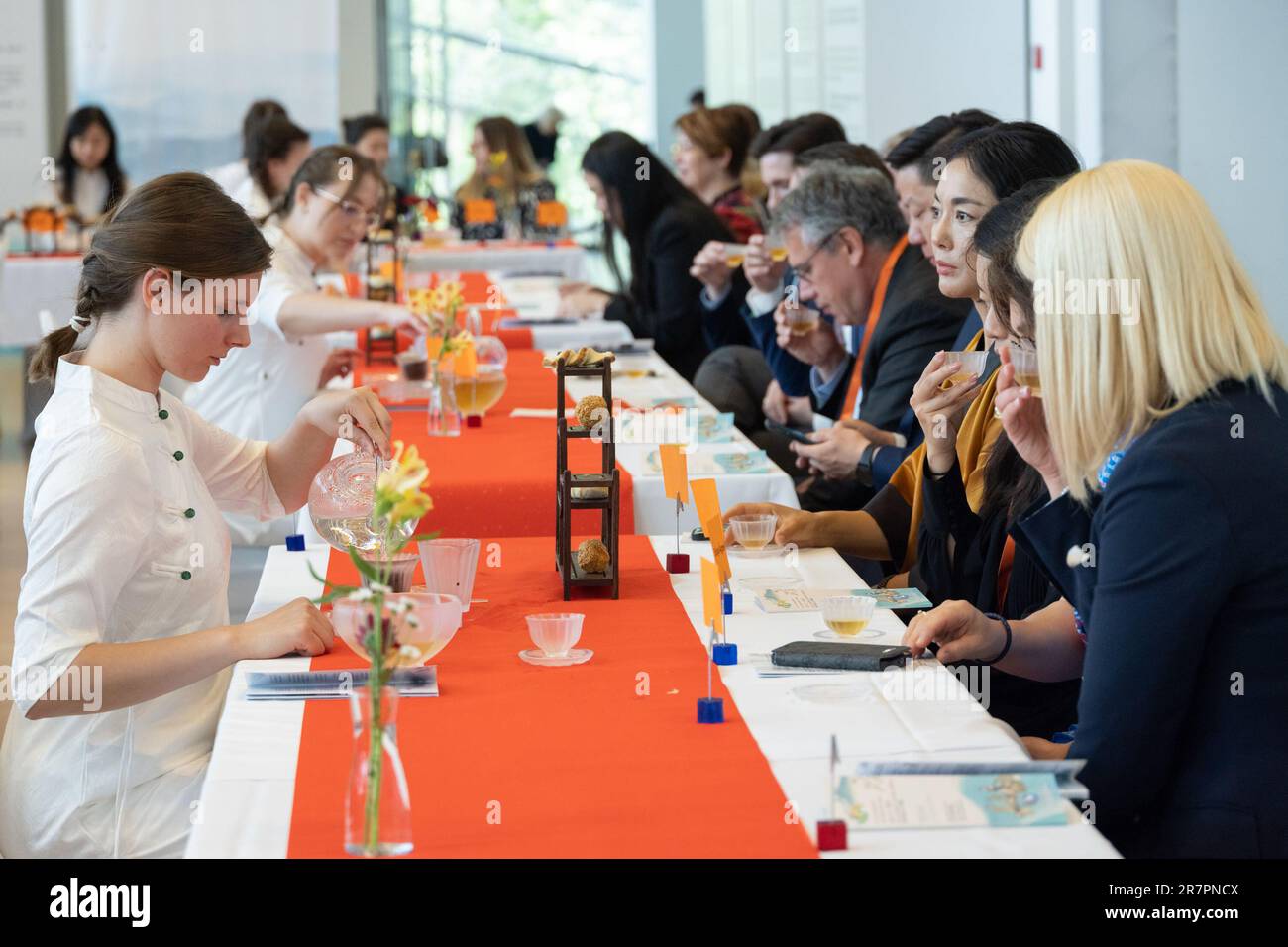 Budapest. 16th June, 2023. Hungarian students serve tea for guests at ...