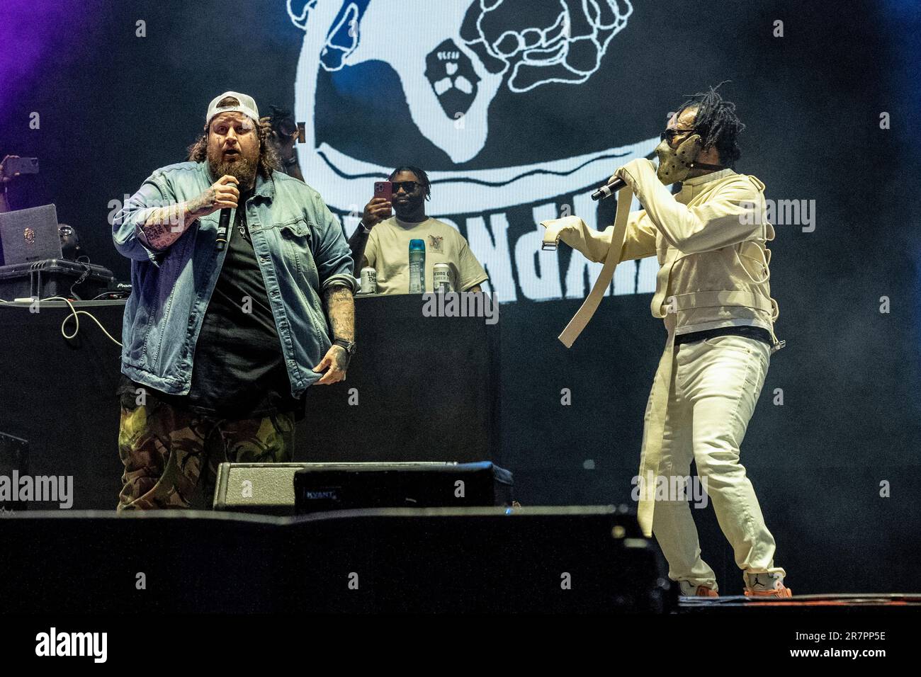 Jelly Roll, left, performs with Juicy J of Three 6 Mafia during the ...