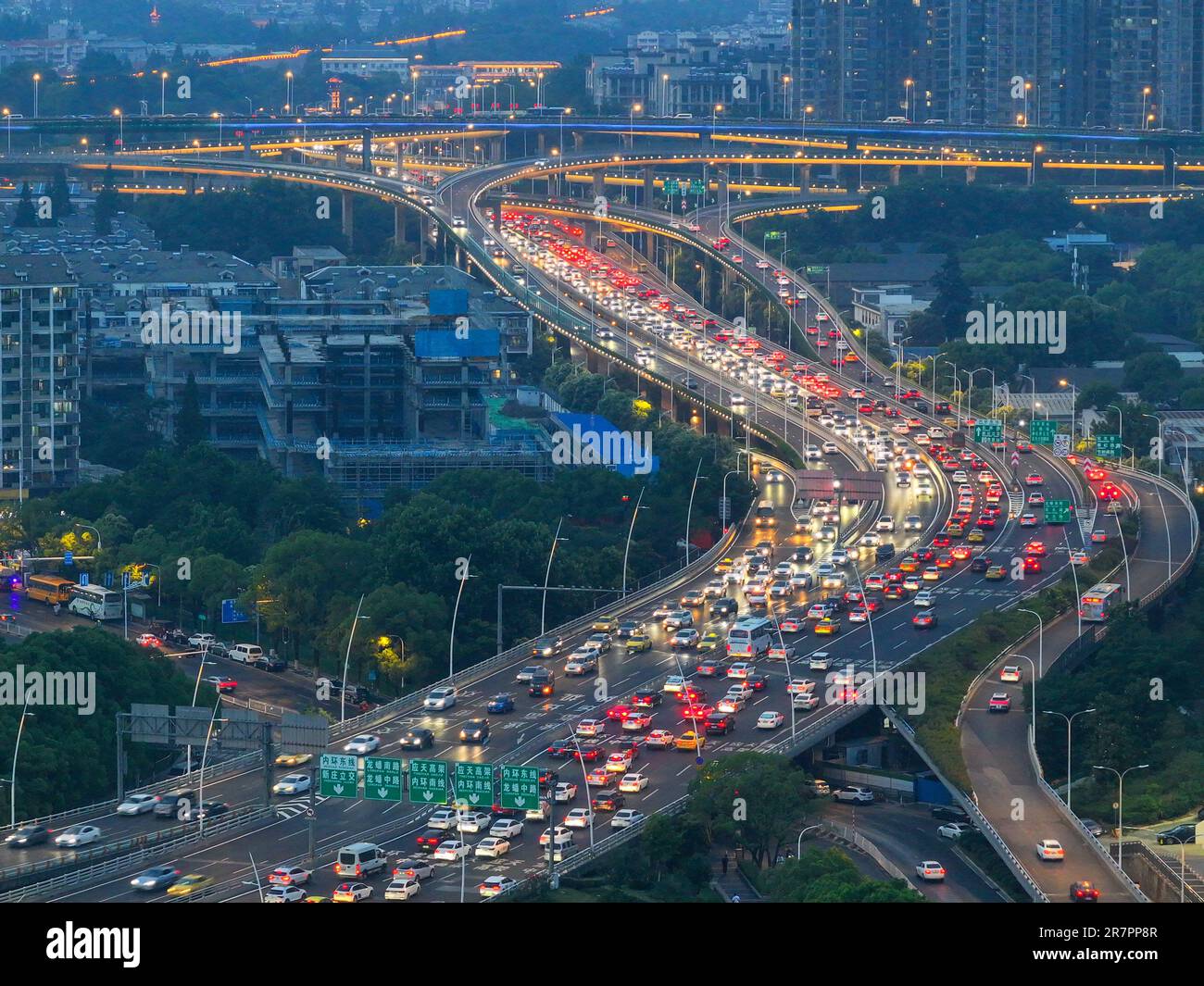 Aerial photo shows the traffic flow on a viaduct in Nanjing, East China ...