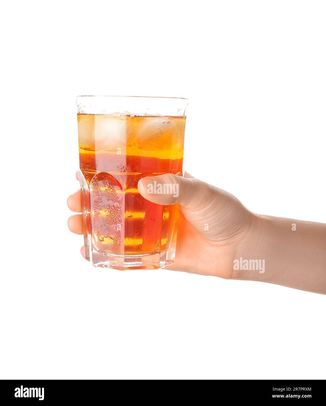 Female hand holding glass of ice tea on white background Stock Photo ...