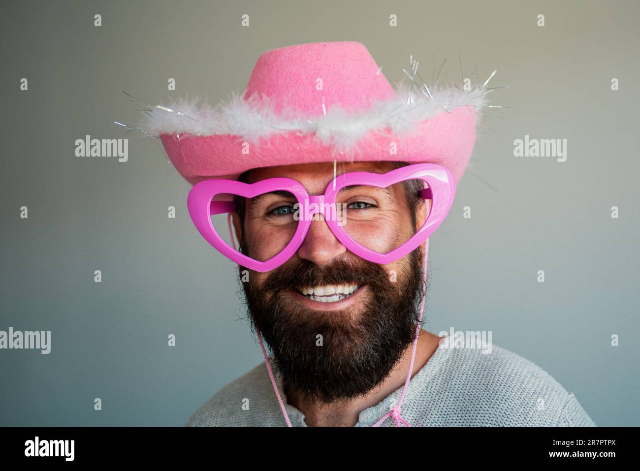 Man smile face and funny glasses feeling happy. Handsome smiling cowboy ...