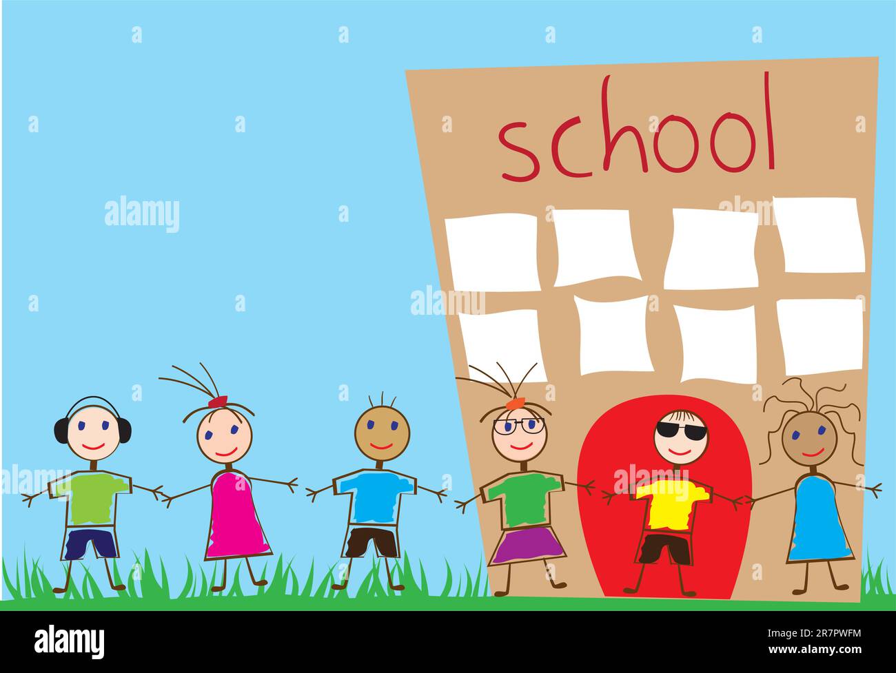 Vector illustration of funny children and school building Stock Vector ...