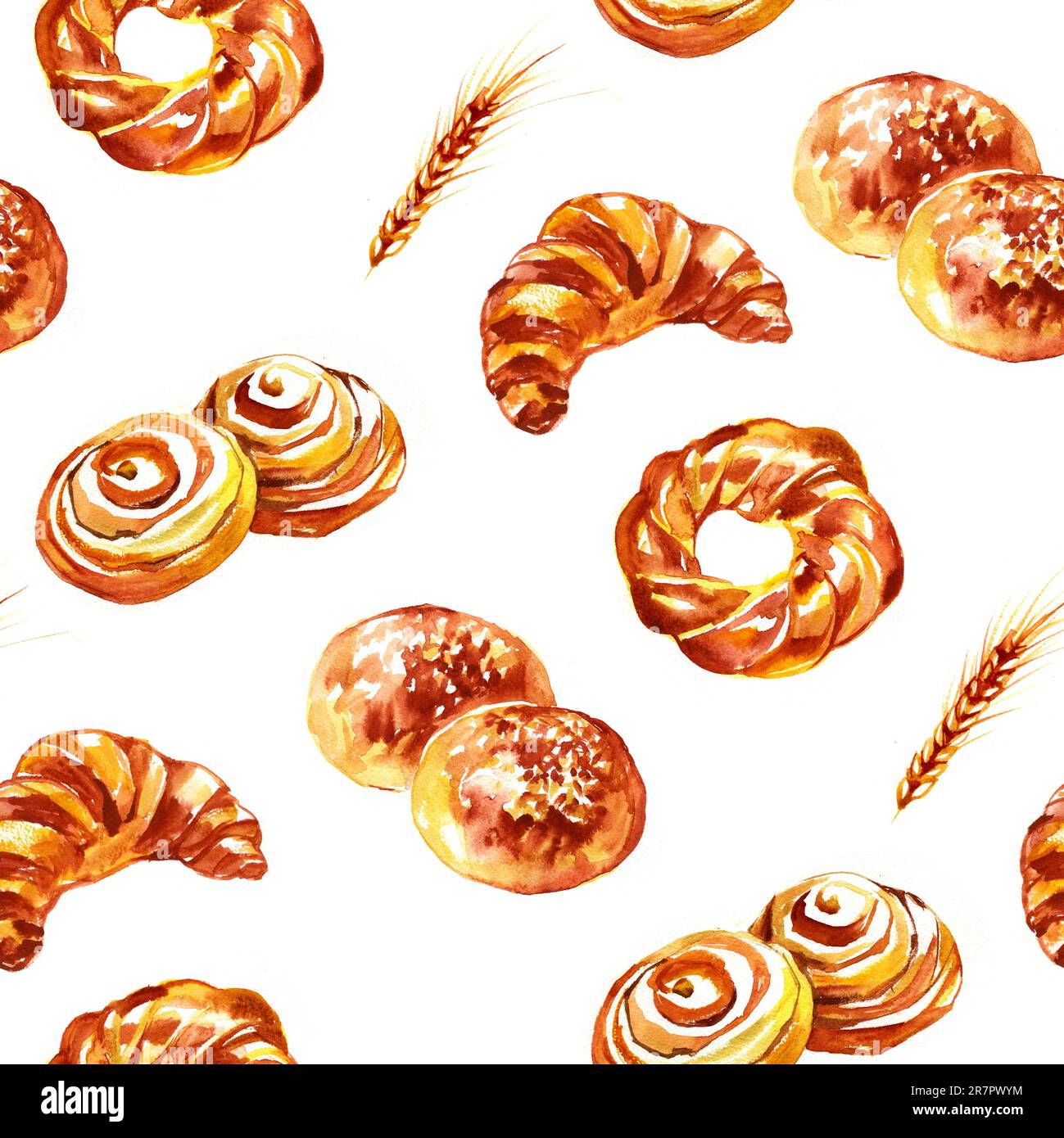 Watercolor sweet rolls pattern on white background Stock Photo - Alamy