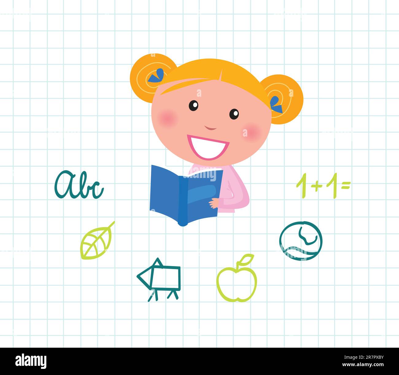 Cute little reading School Girl with Book. Vector Illustration Stock ...