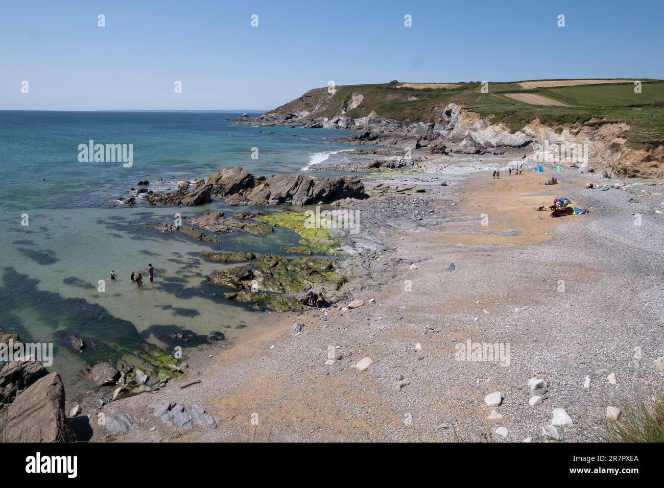 Holiday makers on the beach at Gunwalloe and Dollar coves on the south ...