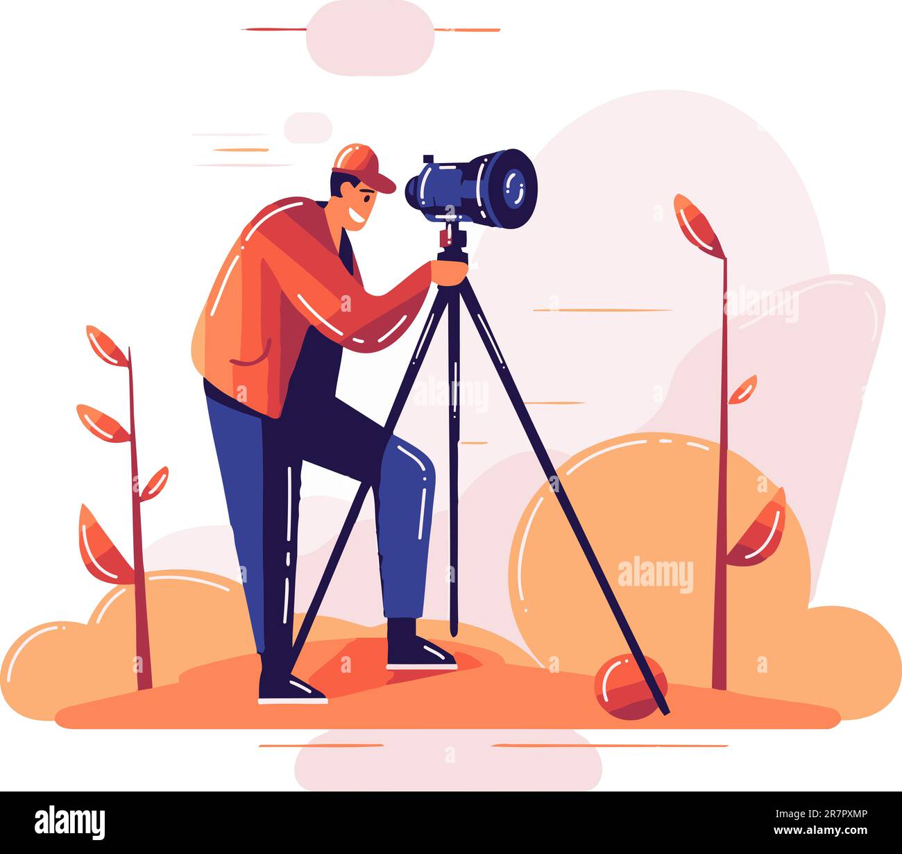 Hand Drawn Cameraman with a camera in flat style isolated on background ...
