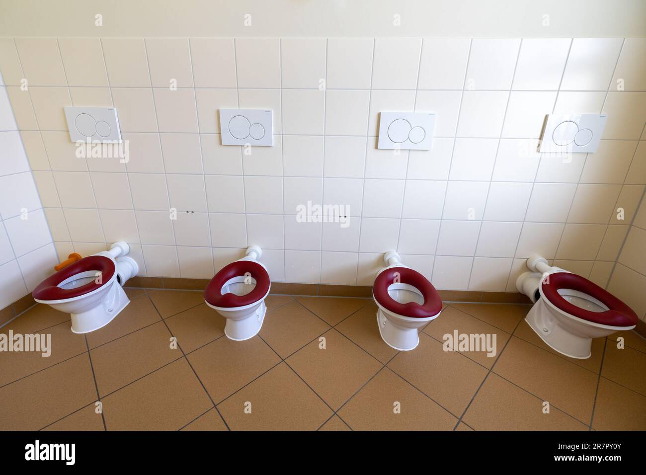 03 June 2023, Saxony, Großenhain: Four small WCs symbolically stand in ...