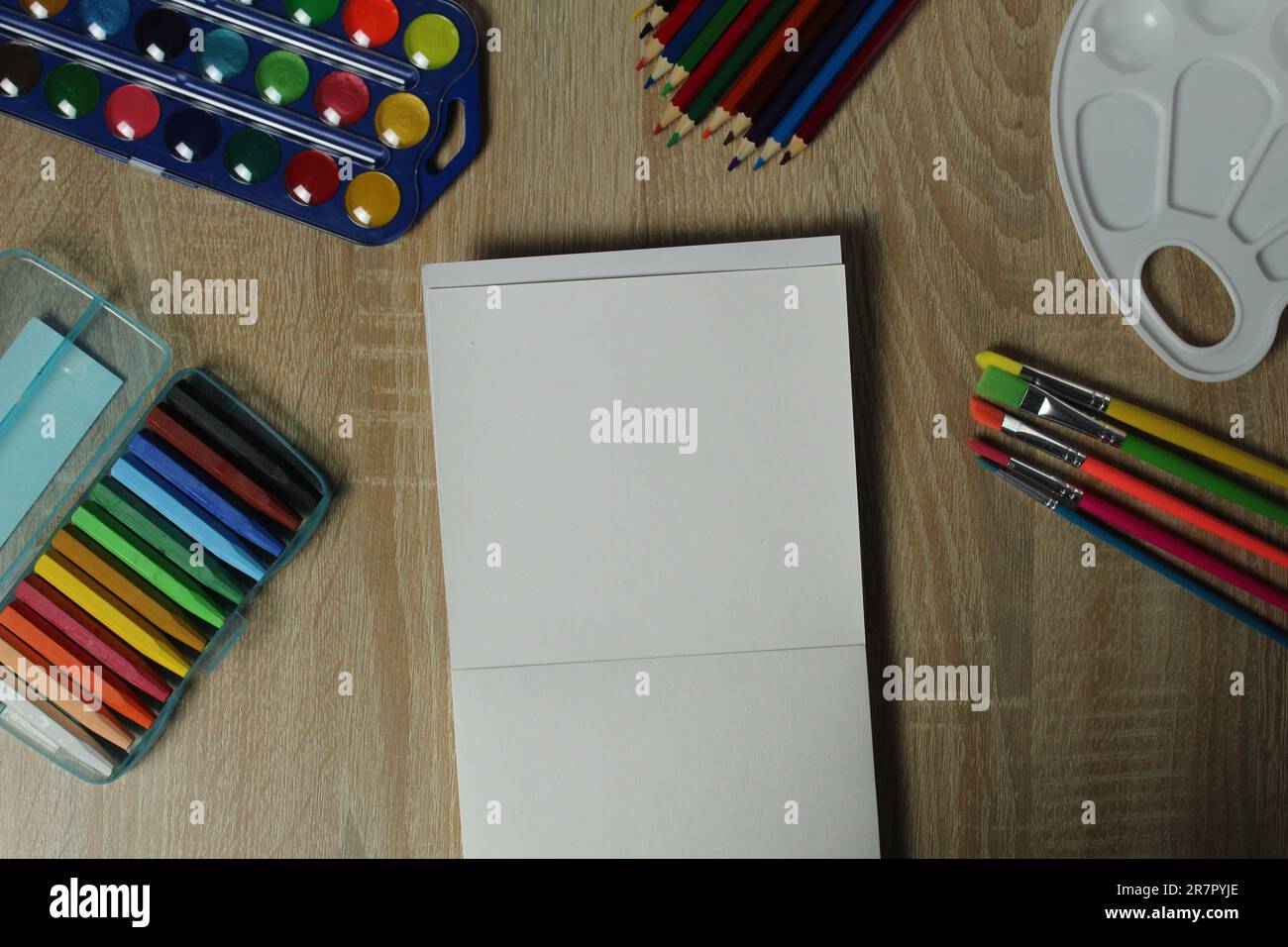 still life of objects for creativity and drawing, album, paper ...