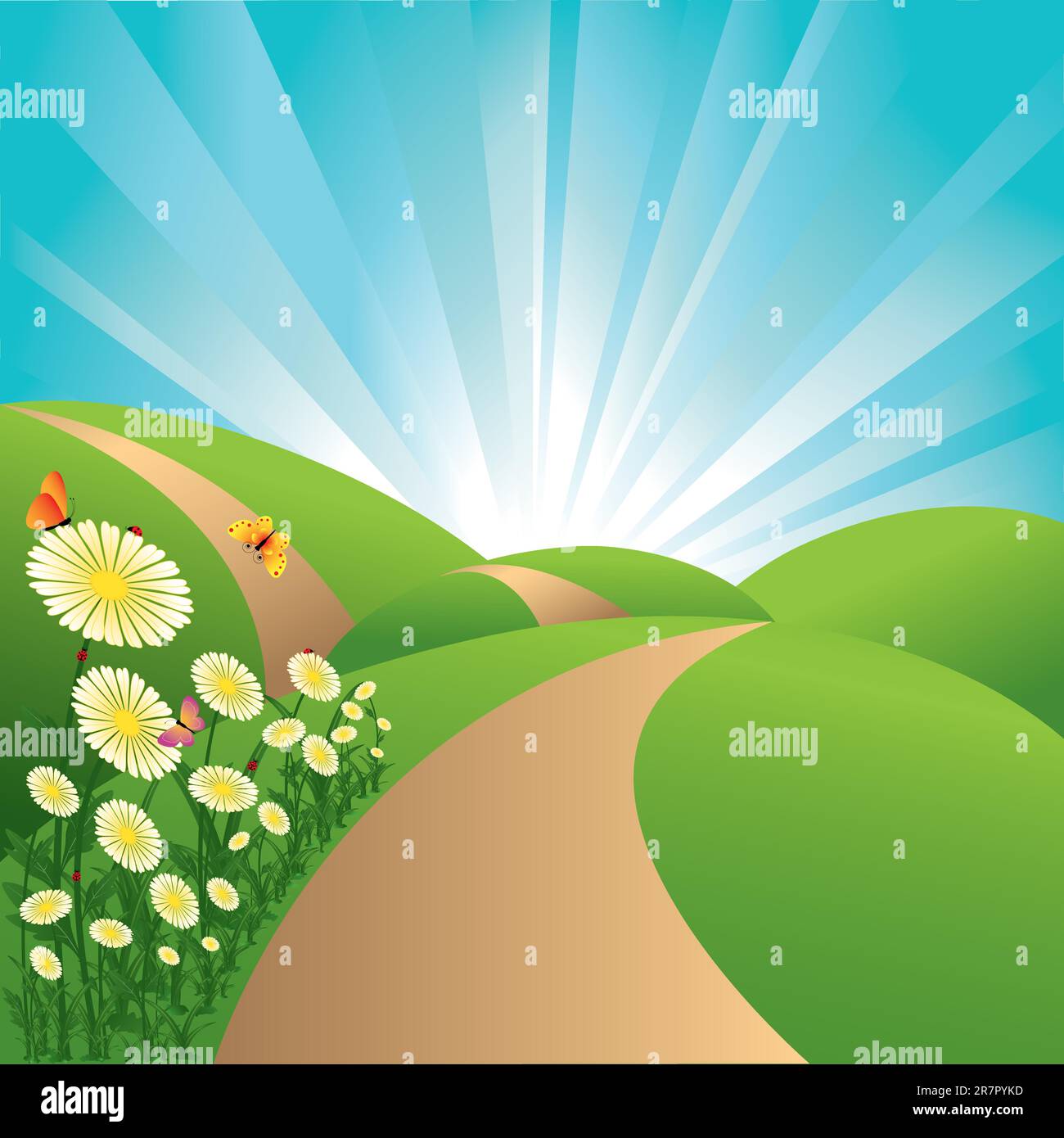 Grass blue sky sun spring flowers Stock Vector Images - Alamy