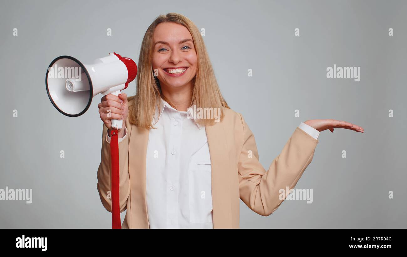 Girl announcing on megaphone hi-res stock photography and images - Alamy