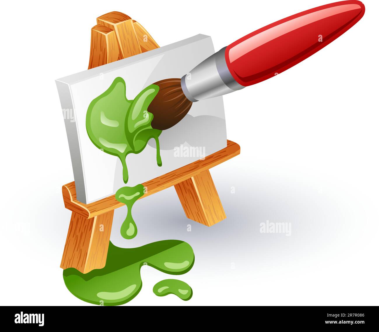Easel and paintbrush. Paintbrush coloring canvas on easel isolated on ...