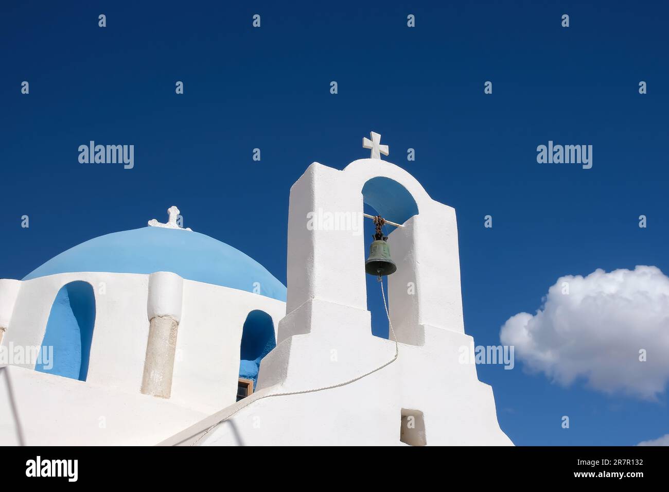 Beautiful whitewashed orthodox church in Ios Greece and a blue sky in ...