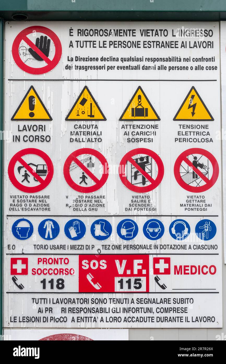 Italian Health and Safety notice, warning signs on a work site, works ...