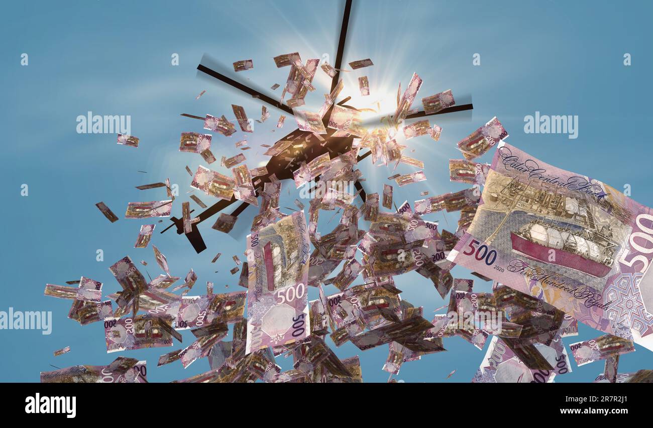 Qatar Riyal banknotes helicopter money dropping. 500 QAR notes abstract ...