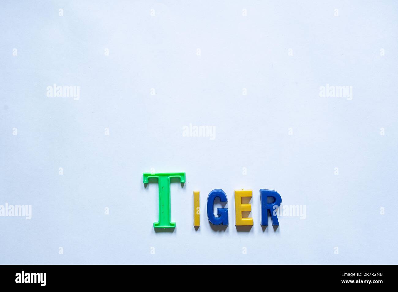 The word "TIGER" is created by arranging a set of 3D colorful plastic ...