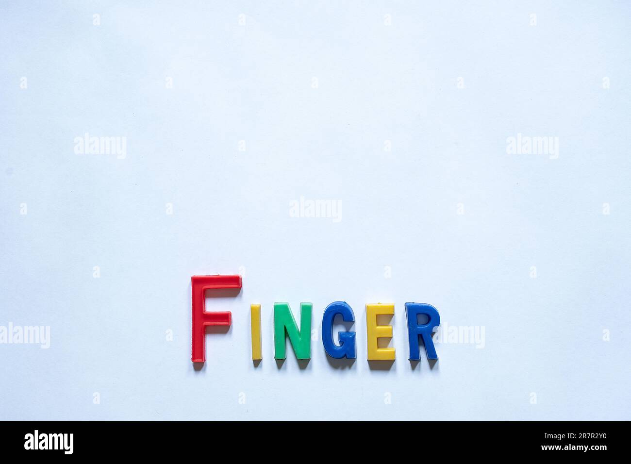 The word "FINGER" is created by arranging a set of 3D colorful plastic ...