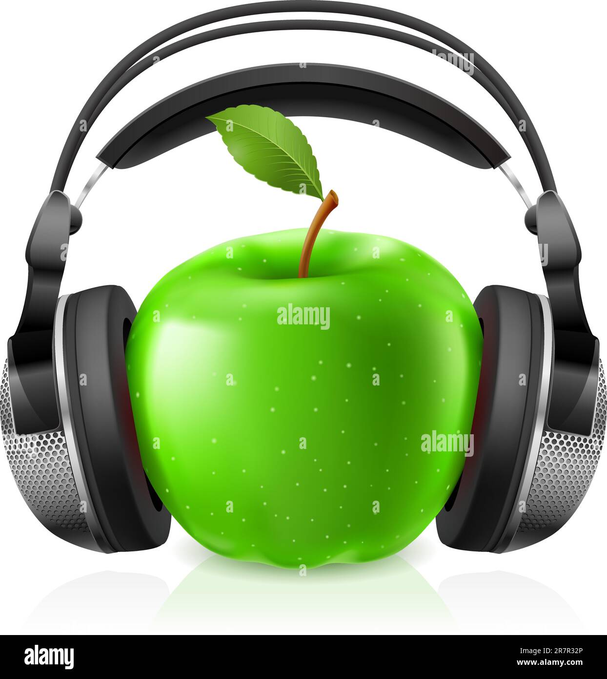 Realistic headphones and green apple. Illustration on white background ...