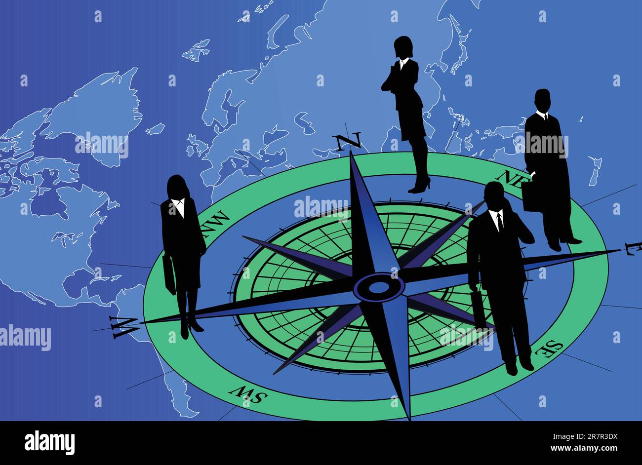 Abstract background with world map and businessmen on compass icon ...