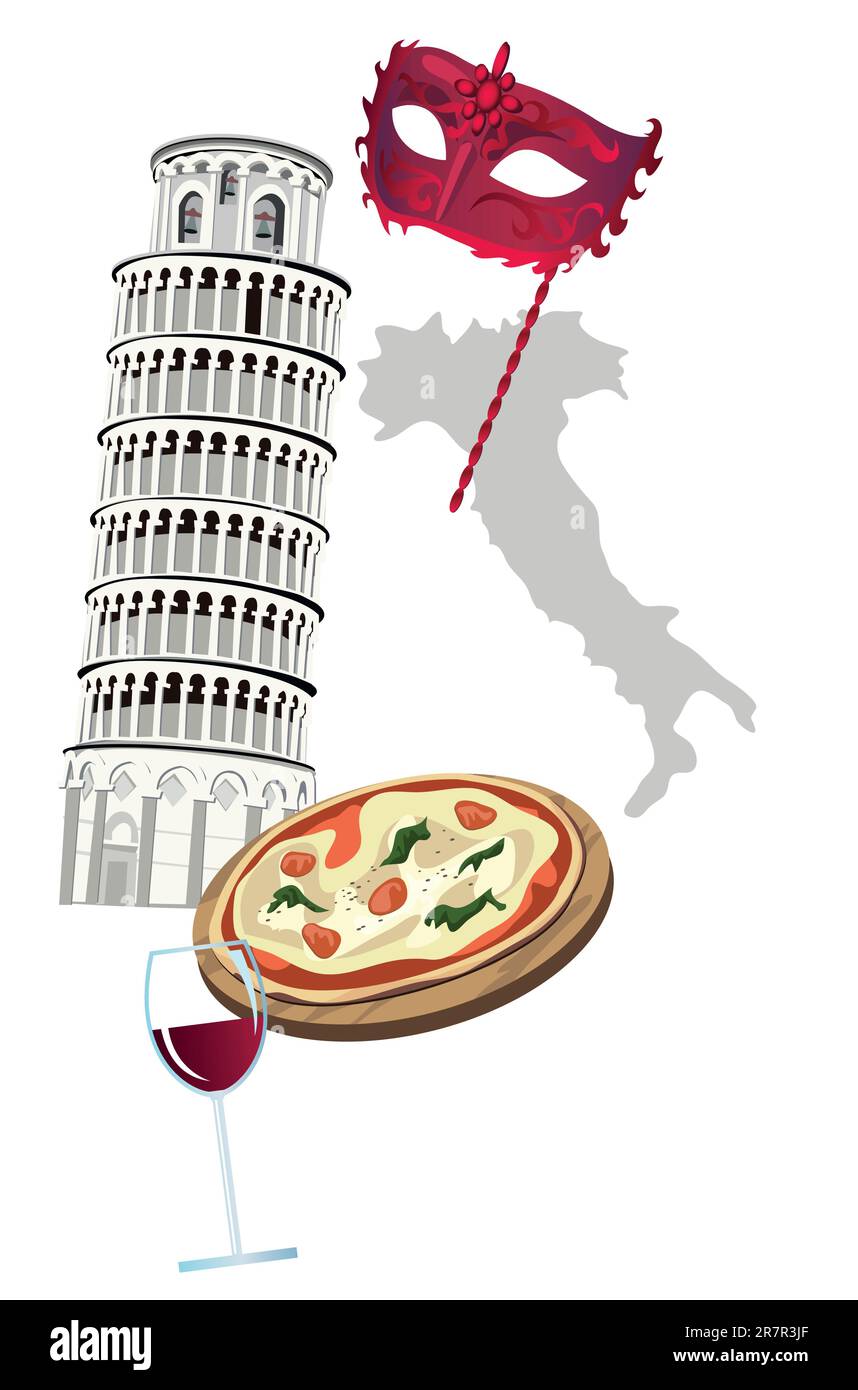 Symbols of Italy as Pisa tower, pizza, wine, venetian mask Stock Vector ...