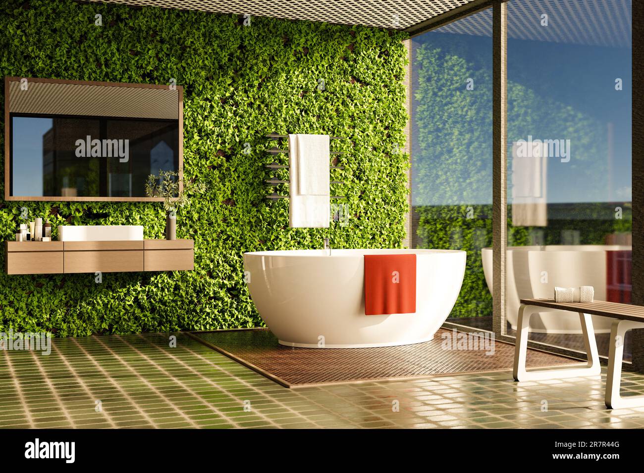 Modern bathroom with vertical garden - 3D rendering Stock Photo - Alamy