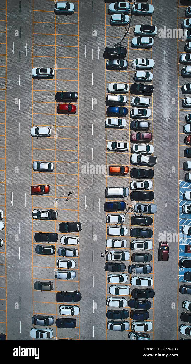 Parking lot. Parked vehicles. Aerial view of cars parked on outdoor ...