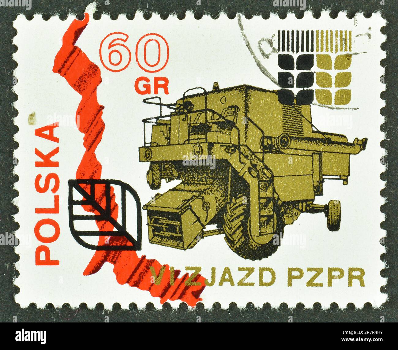 Cancelled postage stamp printed by Poland, that shows "Bison" Combine ...