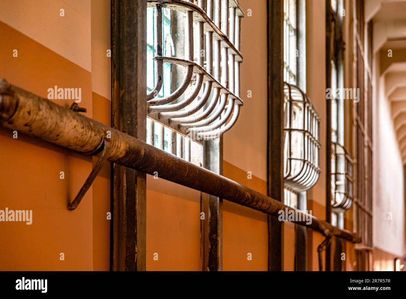 Windows with security bars of a corridor of a module and a block of the ...