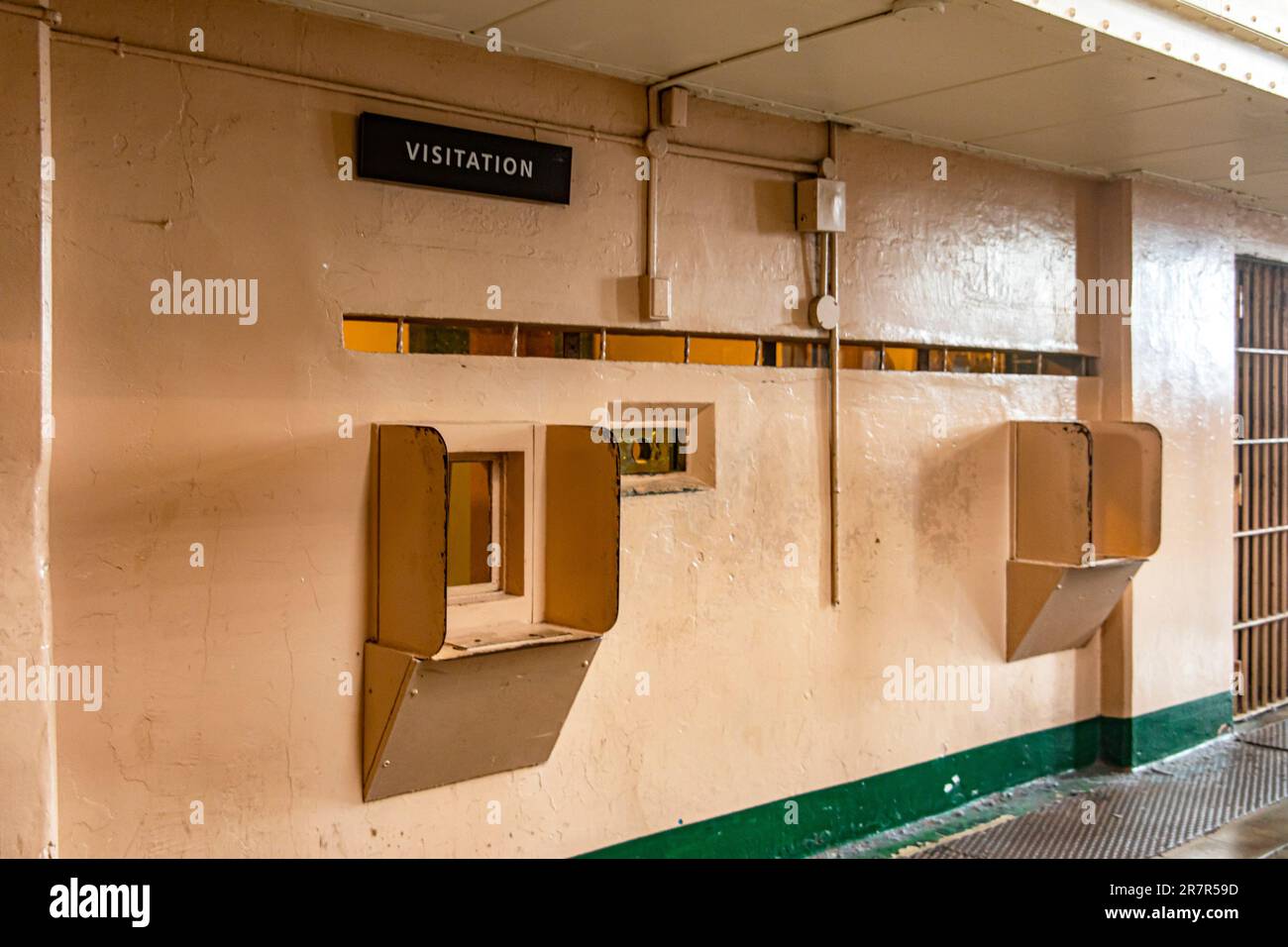 Security visitors booths of the federal prison of Alcatraz Island ...