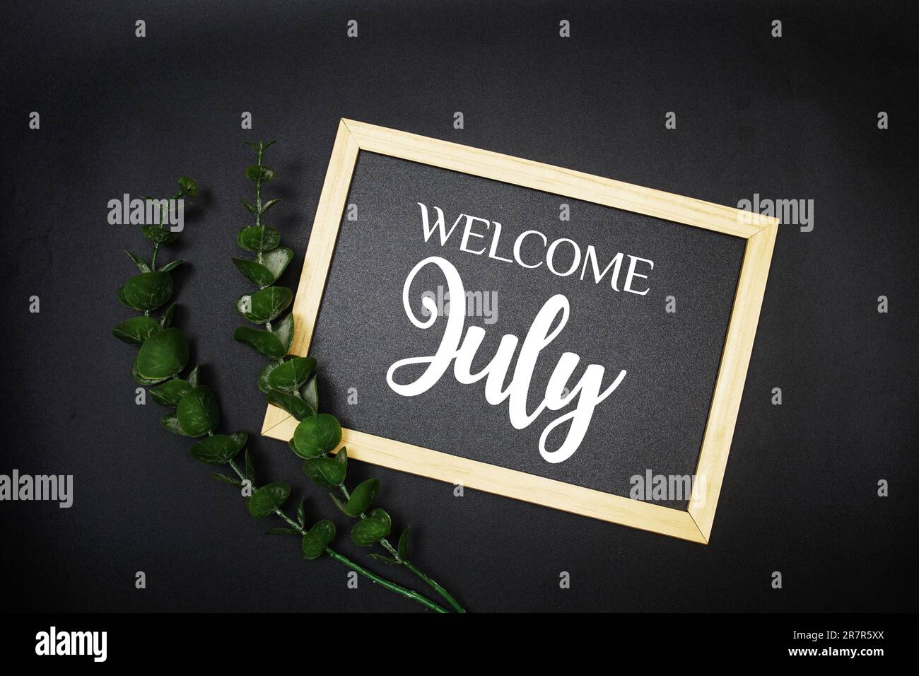 Welcome July text message on wooden blackboard with green leaf ...