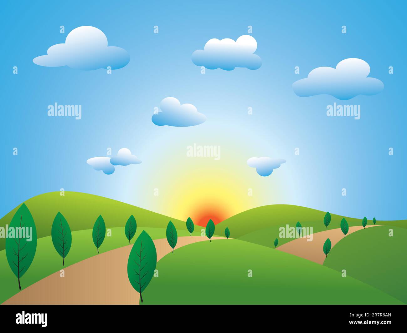 Springtime landscape green fields trees with blue sky Stock Vector ...