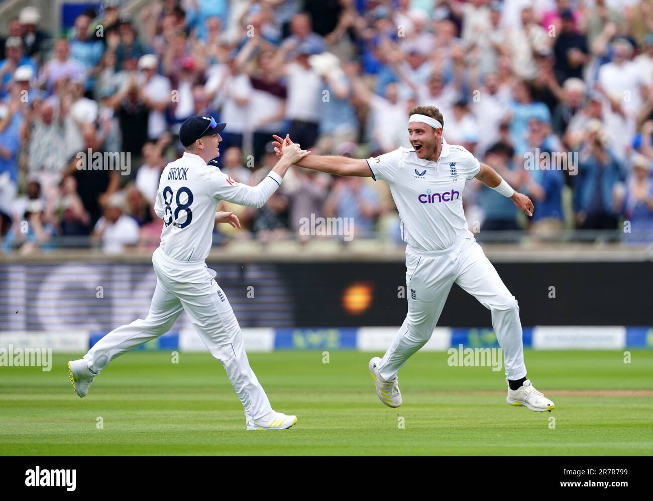 England's Harry Brook and Stuart Broad celebrate the wicket of ...