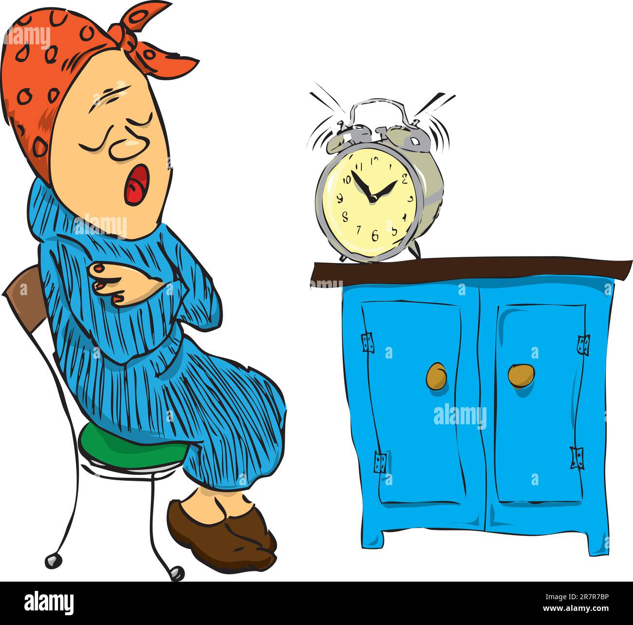 A woman sits in her chair and yawns, next alarm goes off. Vector ...