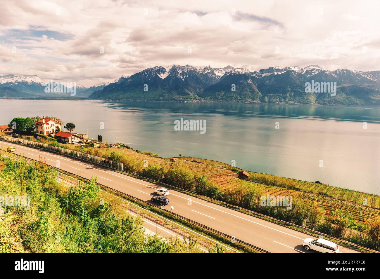 Motorway in Switzerland road with stunning view next to lake Geneva ...