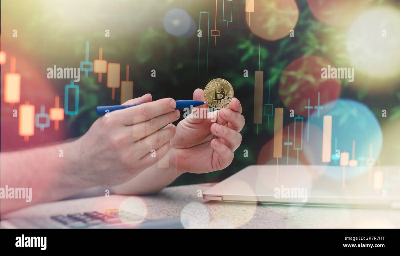 Laptop with chart and bitcoin in hands. Cryptocurrency gold coin, stock ...