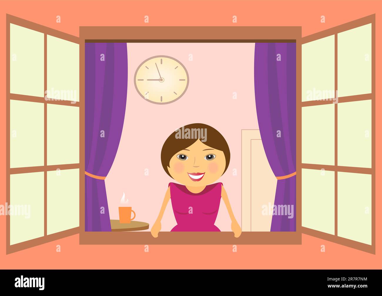 the beautiful woman in window with clock and cup of cofee Stock Vector ...