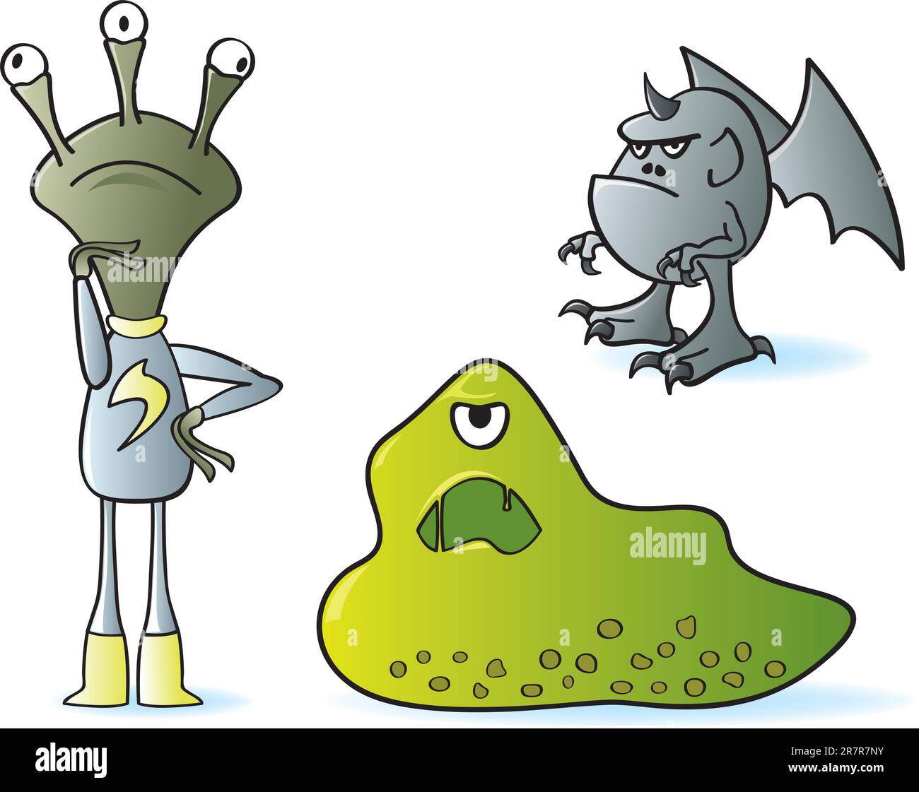 Three classic cartoon monsters. One alien, one blob, and a gray ...