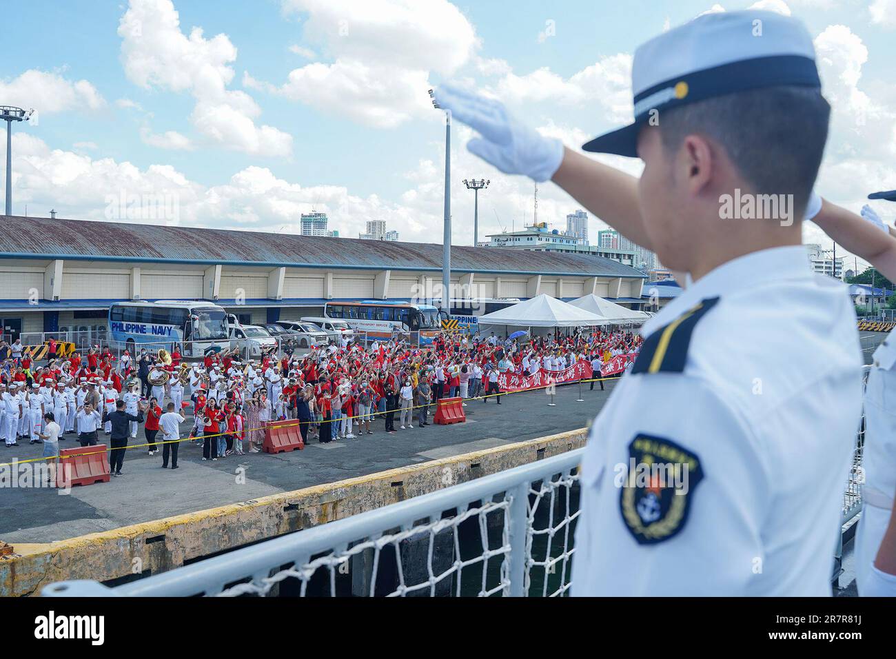 Manila. 17th June, 2023. People see off crew members of Chinese naval ...