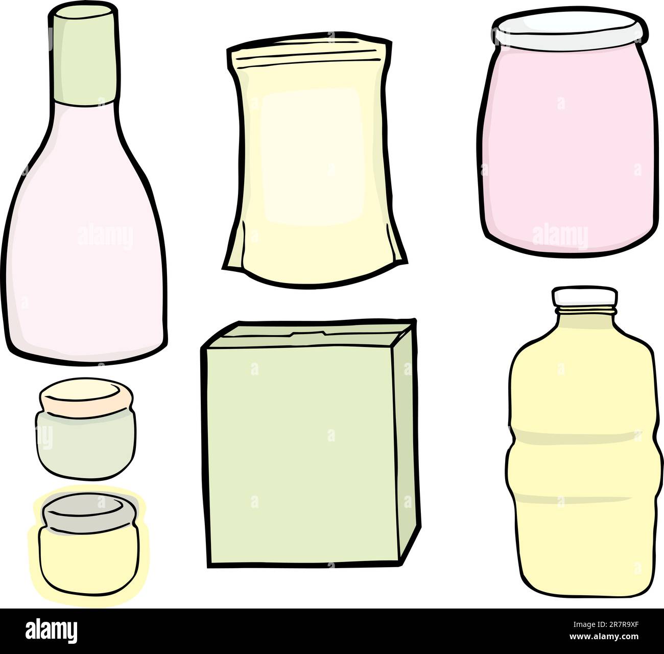 Drawings of a generic bottle, jars, box and bag used for food and ...