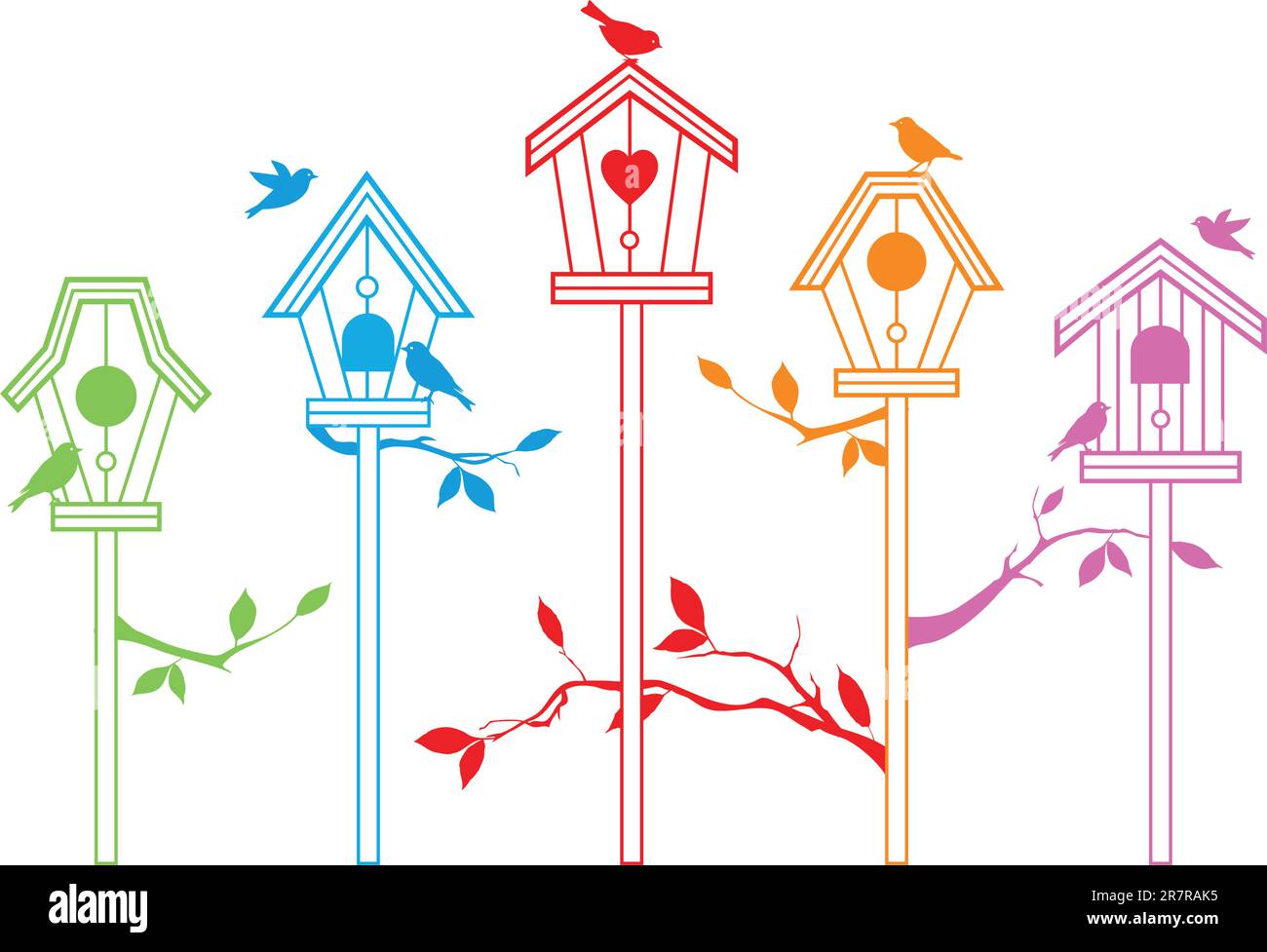 cute bird houses with branches, vector background Stock Vector Image ...