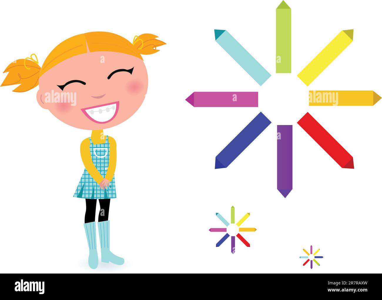 Cute cartoon girl with colorful pastels - vector Illustration Stock ...