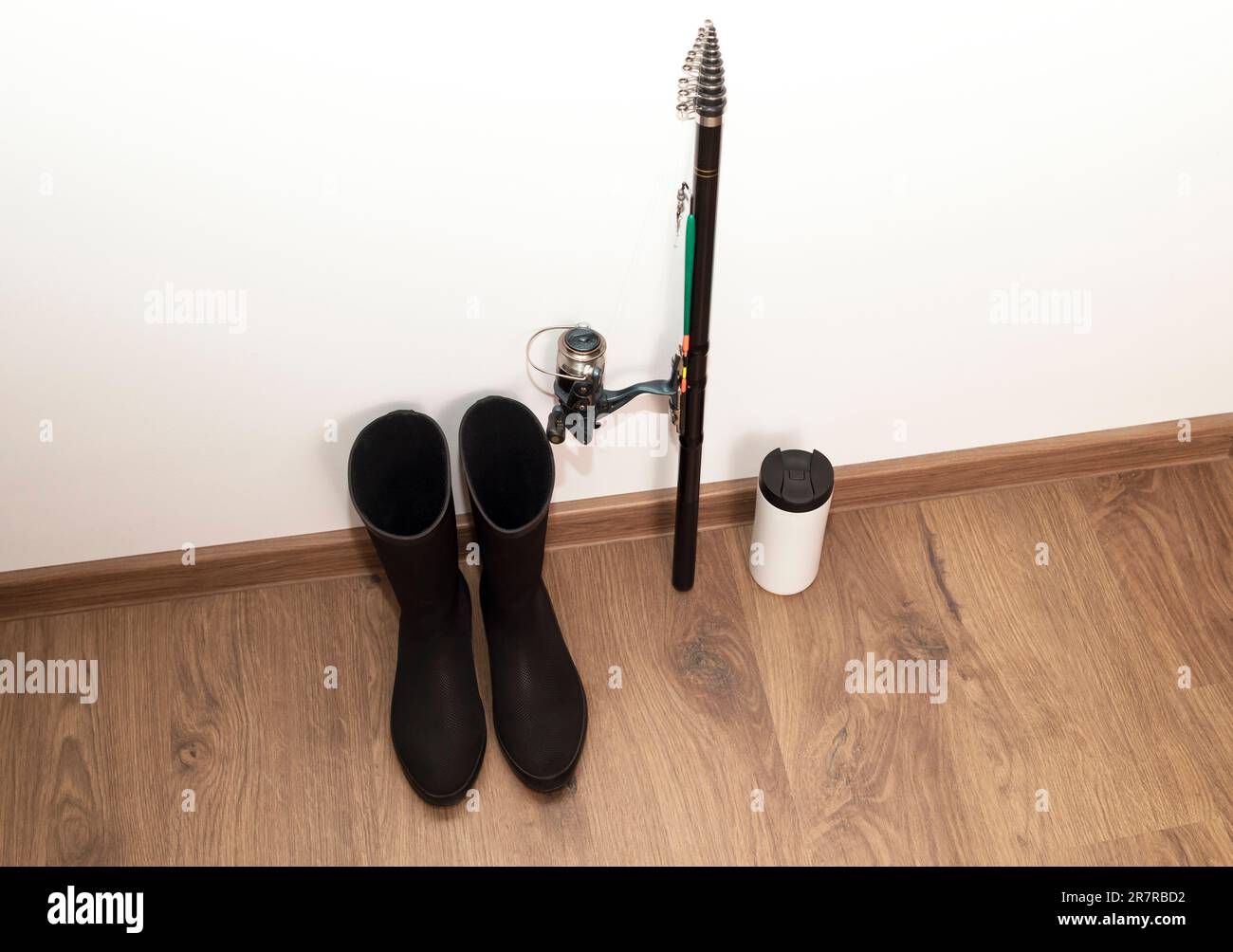 Top View Preparation To Fishing Activity. Rubber Boots, Fishing ...