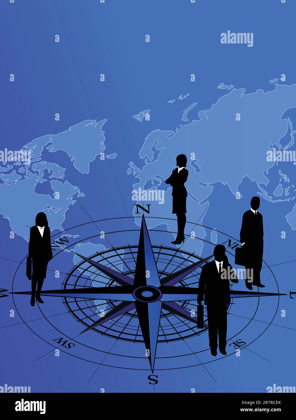 Abstract background with world map and businessmen on compass icon ...