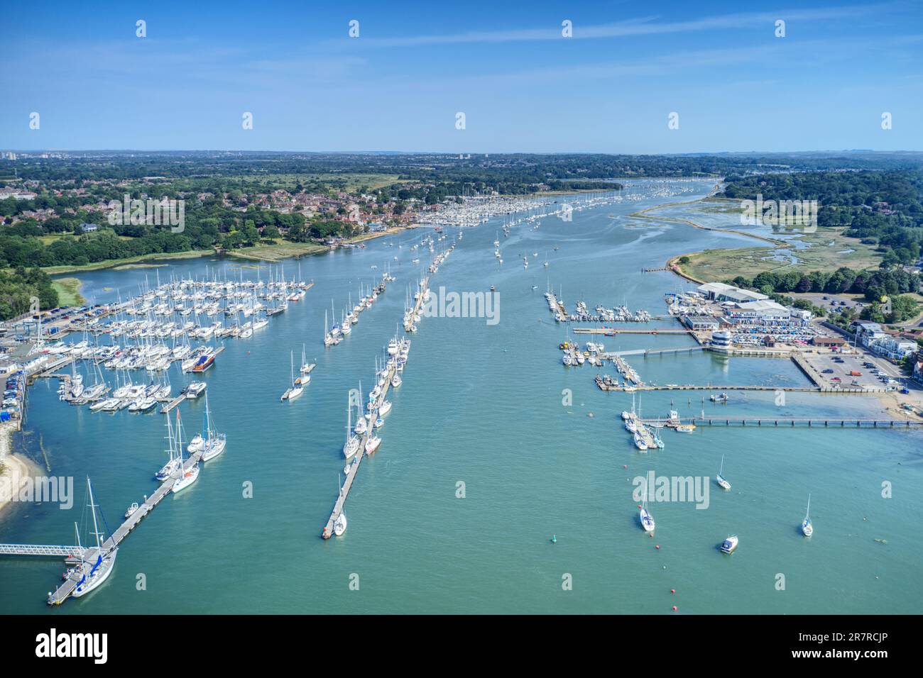 Aerial view along the Hamble River in Hampshire in Southern England ...
